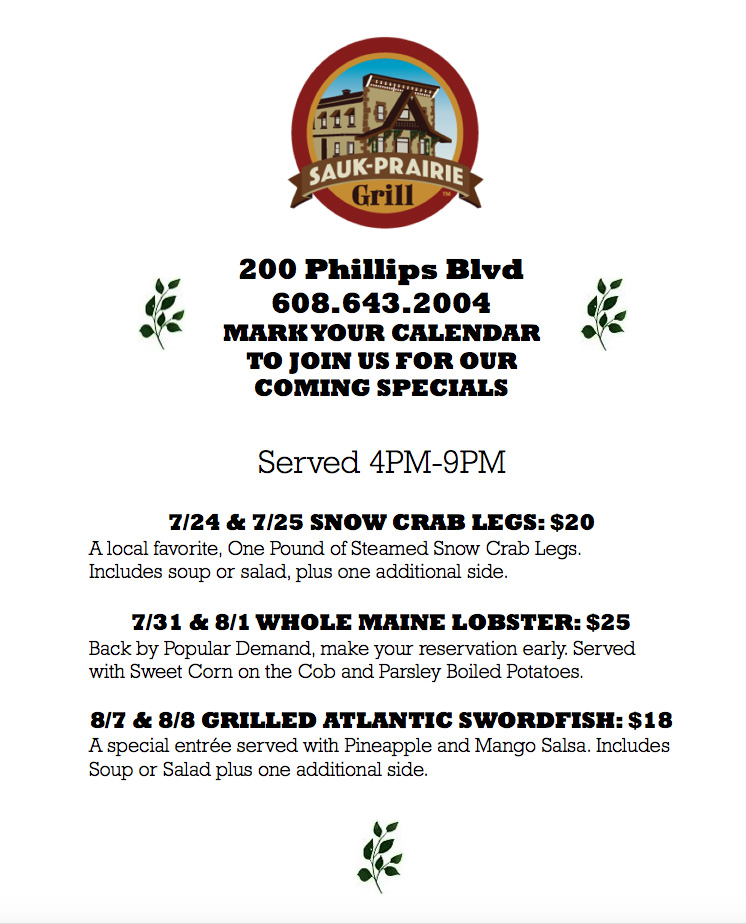 SAUK-PRAIRIE GRILL | 608-643-2004 | Delectable new menu , Local ...