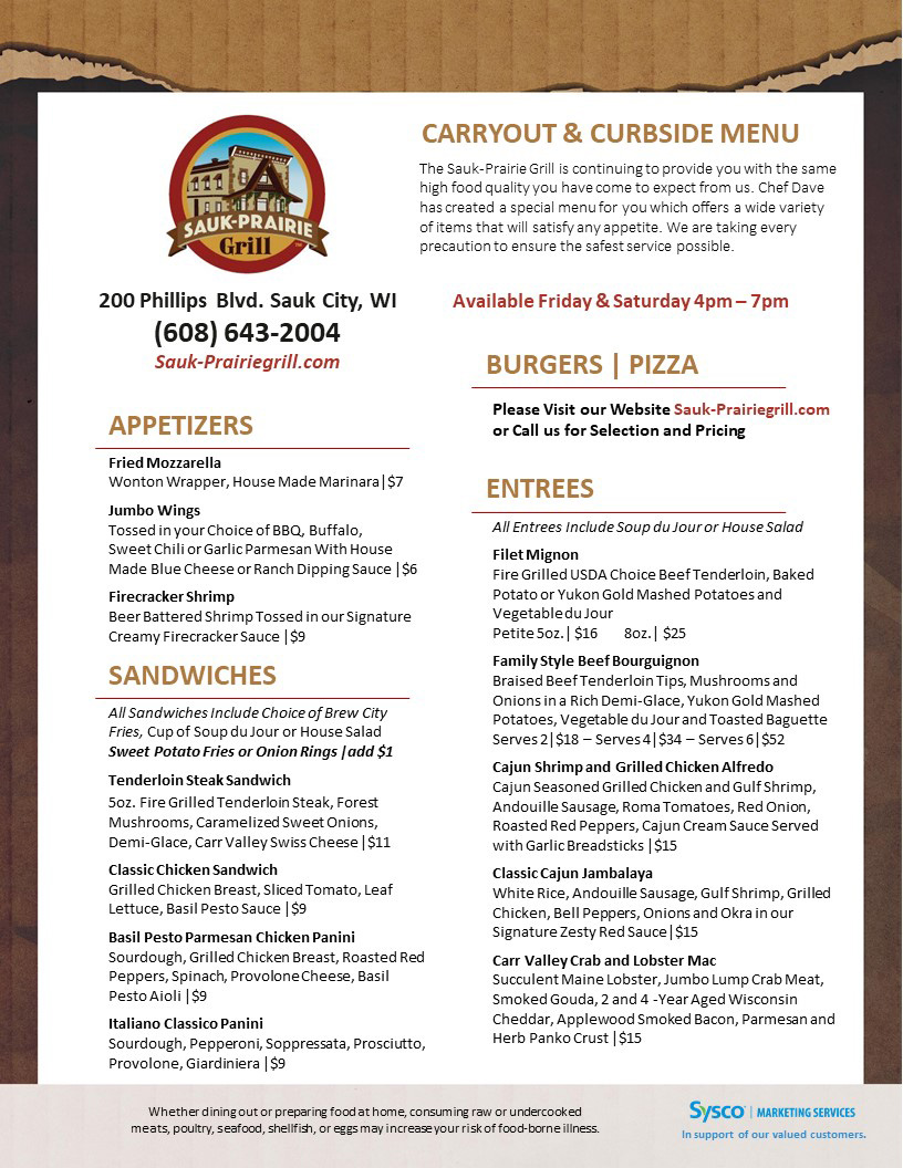 SAUK-PRAIRIE GRILL | 608-643-2004 | Delectable new menu , Local ...